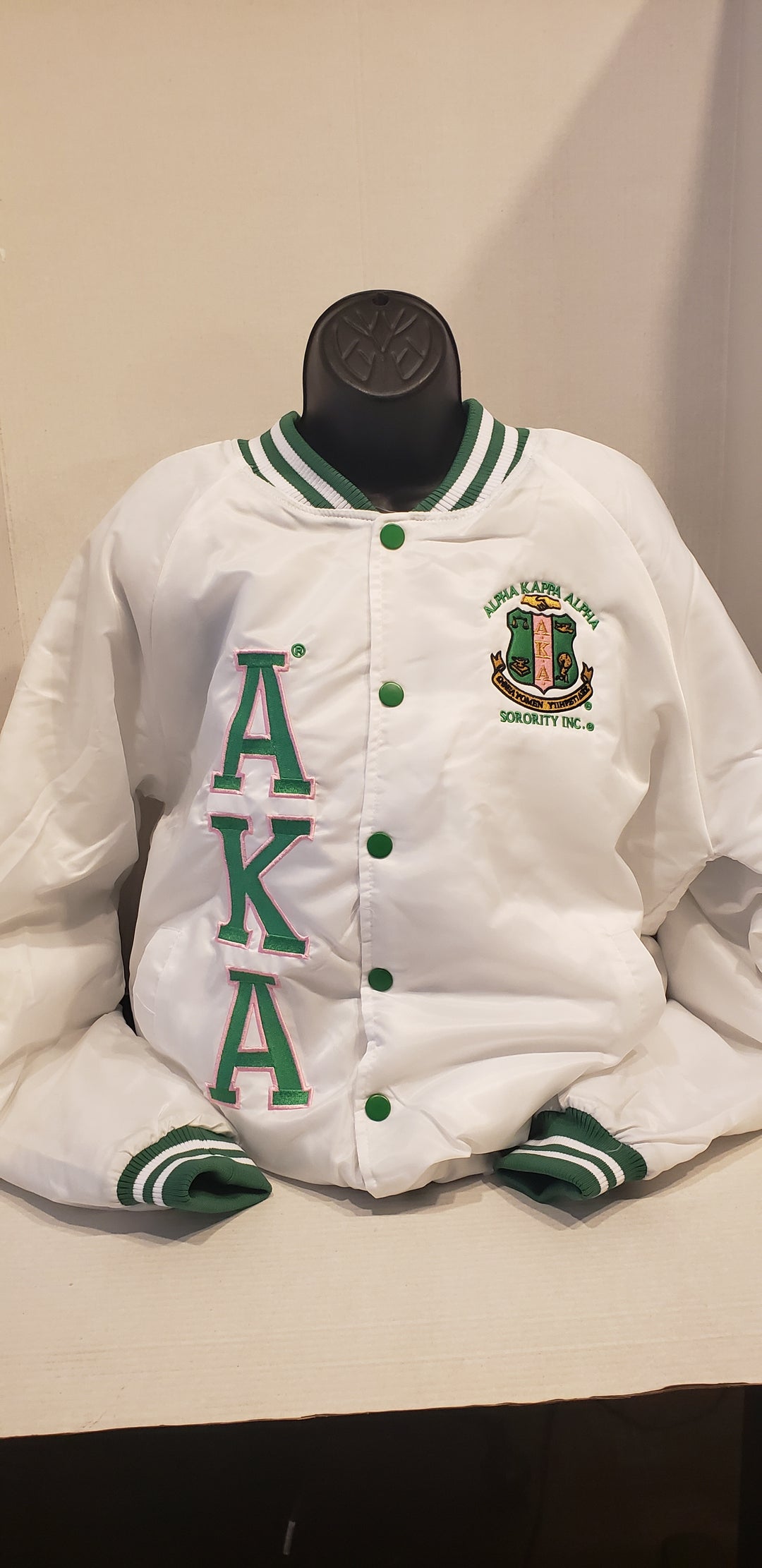 Alpha Kappa Alpha Bomber Satin Jacket(WHT/GRN)Unisex – KLASSY GREEK EMBLEMS
